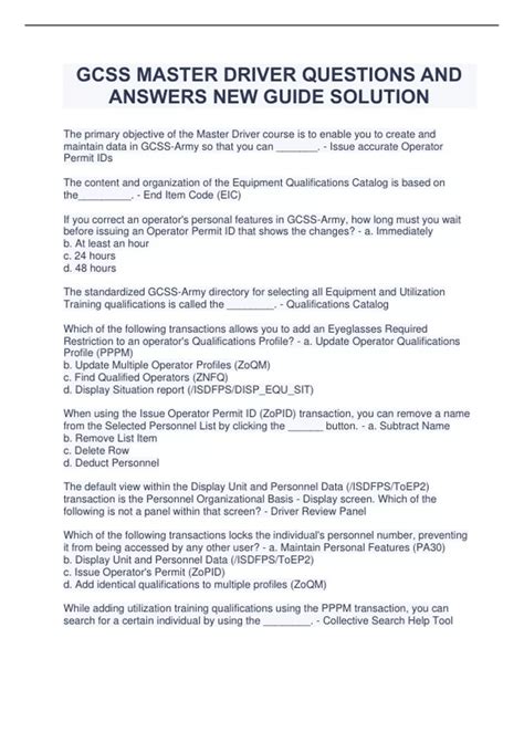 Gcss Master Driver Questions And Answers New Guide Solution Gcss Master Driver Stuvia Us