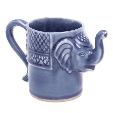 Blue Celadon Ceramic Elephant Mug Elephant Essence In Indigo
