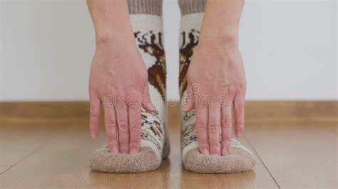 Warm Up Bends Flexible Woman Doing Side Bends Watching Fitness Video Online On Laptop At Home