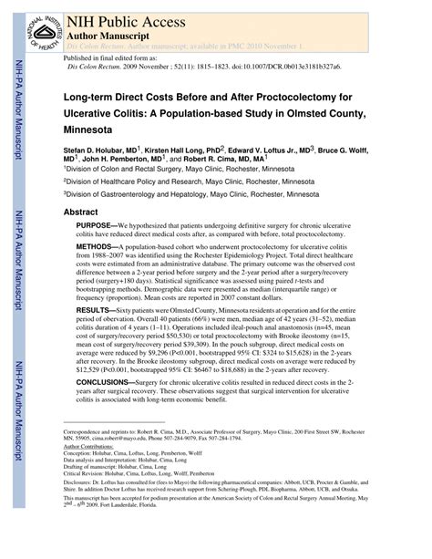 Pdf Long Term Direct Costs Before And After Proctocolectomy For Ulcerative Colitis A