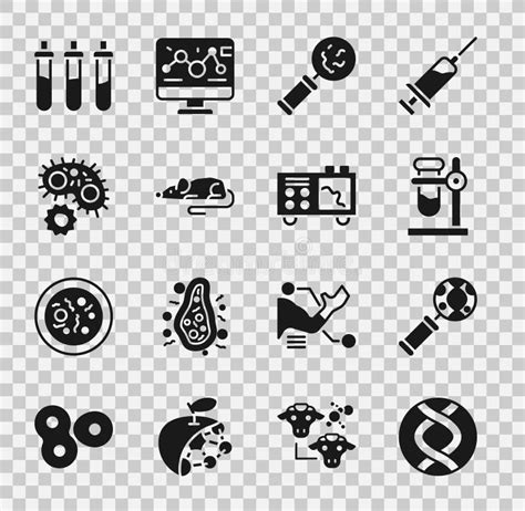 Set Dna Symbol Research Search Test Tube Flask On Stand Microorganisms Under Magnifier