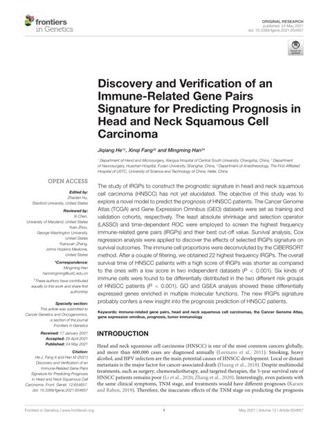 Pdf Discovery And Verification Of An Immune Related Gene Pairs Signature For Predicting