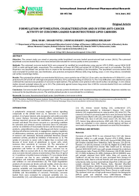 Pdf Formulation Optimization Characterization And In Vitro Anti Cancer Activity Of Curcumin