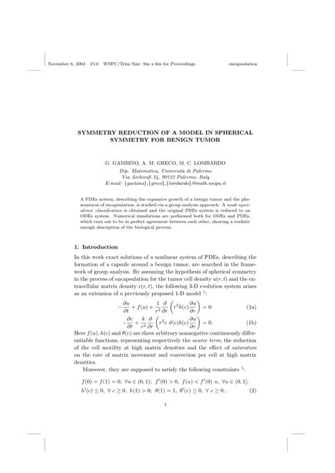 pdf symmetry reduction of a model in spherical symmetry for benign tumor