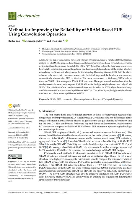 Pdf Method For Improving The Reliability Of Sram Based Puf Using Convolution Operation