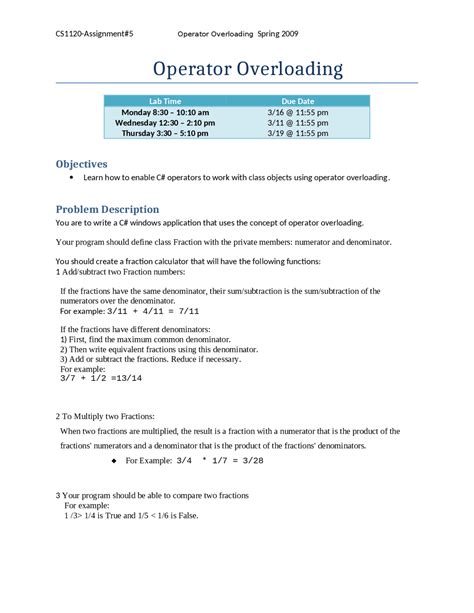 Assignment 5 Operator Overloading Cs 1120 Docsity