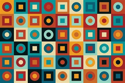 매끄러운 추상적인 다채로운 원과 사각형 패턴 그루비한 기하학적 원 반복되는 원활한 패턴 팝 아트 1960 1969 년에 대한 스톡 벡터 아트 및 기타 이미지 Istock