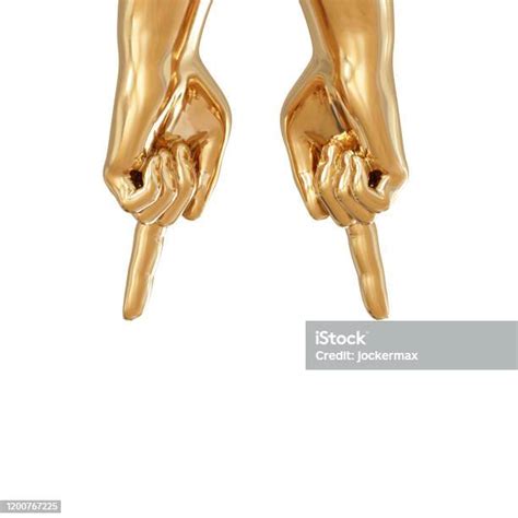 흰색 배경에 검지 손가락으로 아래를 보여주는 두 개의 황금 손이 있습니다 3d 렌더링 0명에 대한 스톡 사진 및 기타 이미지 0명 3차원 형태 고체 Istock