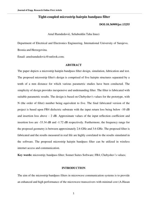 Pdf Tight Coupled Microstrip Hairpin Bandpass Filter