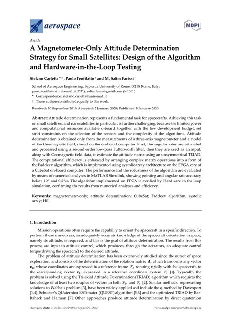 Pdf A Magnetometer Only Attitude Determination Strategy For Small Satellites Design Of The