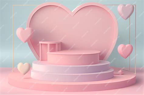 3d 하트가 있는 빈 파스텔 실린더 단상 및 복사 공간 배경 제품 3d 렌더링을 표시하기 위한 받침대 Mockup 공간이 있는