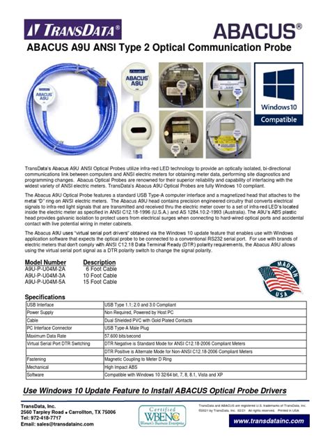 Abacus Ansi Meter Usb Probe By Transdata A9u Data Sheet 44a0038 Download Free Pdf Usb