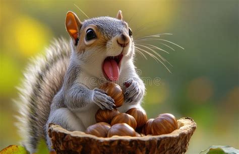 Gray Squirrel With Open Mouth And Tongue Sticking Out Stock