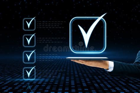 Digital Check Mark Symbol On Background Checklist Concept Close Up Of Businessman Hand Holding