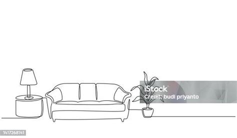 의자 램프 및 화분 식물이있는 거실 인테리어 가구의 연속 선 그리기 낙서 스타일의 거실 인테리어를위한 세련된 가구 0명에 대한