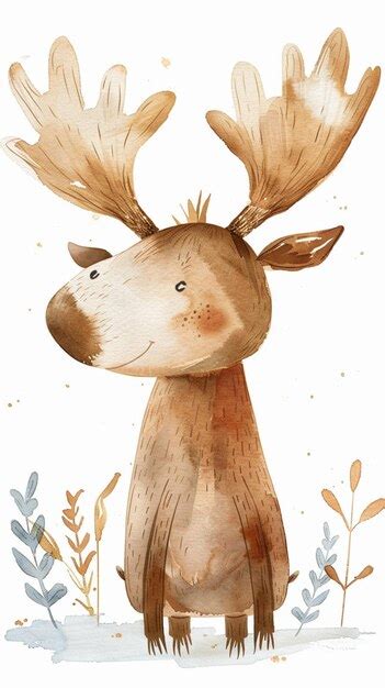 Whimsical Illustration Of A Moose In Minimal Watercolor Art Style And Soft Pastel Colors