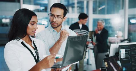 Coding Team Laptop And People Talking In Office For Help Web Development And Brainstorming