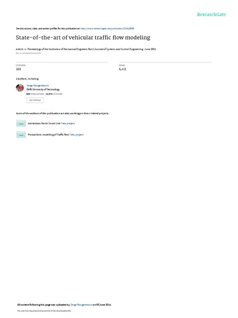 State Of The Art Of Vehicular Traffic Ow Modeling Pdf Fluid Dynamics Traffic