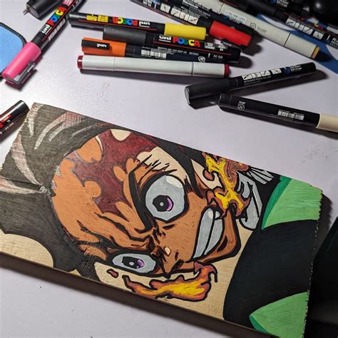 Handmade Tanjiro Wood Fan Art Posca Marker Drawing Etsy
