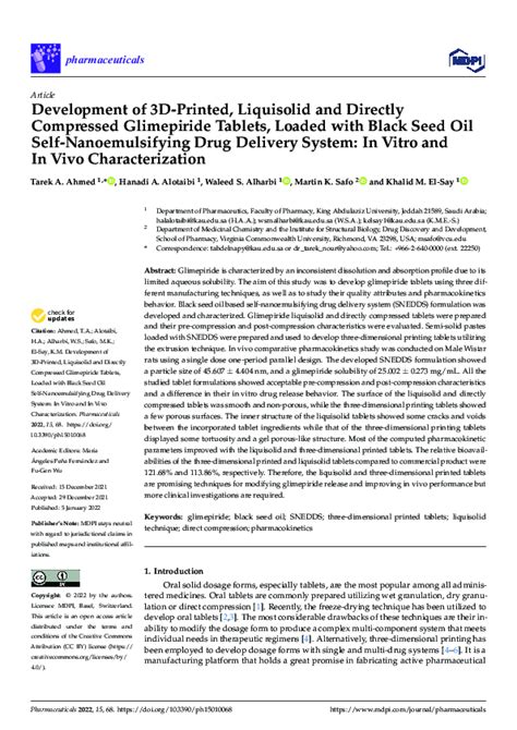 Pdf Development Of 3d Printed Liquisolid And Directly Compressed Glimepiride Tablets Loaded