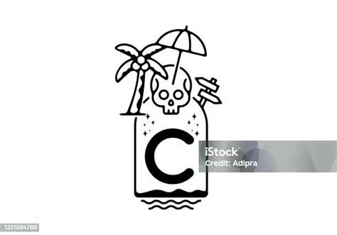 C 초기 문자 디자인과 두개골 해변의 블랙 라인 아트 일러스트 개념에 대한 스톡 벡터 아트 및 기타 이미지 개념 개념과 주제 검은색 Istock