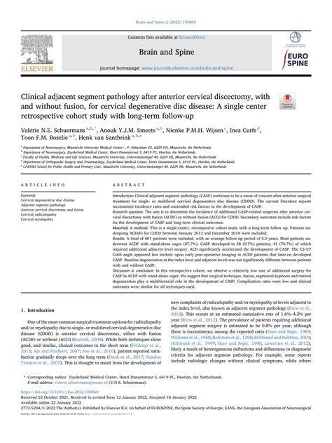 Pdf Clinical Adjacent Segment Pathology After Anterior Cervical Discectomy With And Without