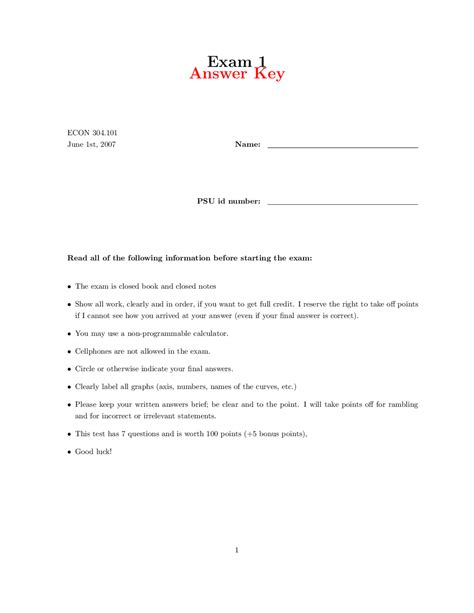 Exam 1 With Answer Key Intermediate Macroeconomic Analysis Econ 304