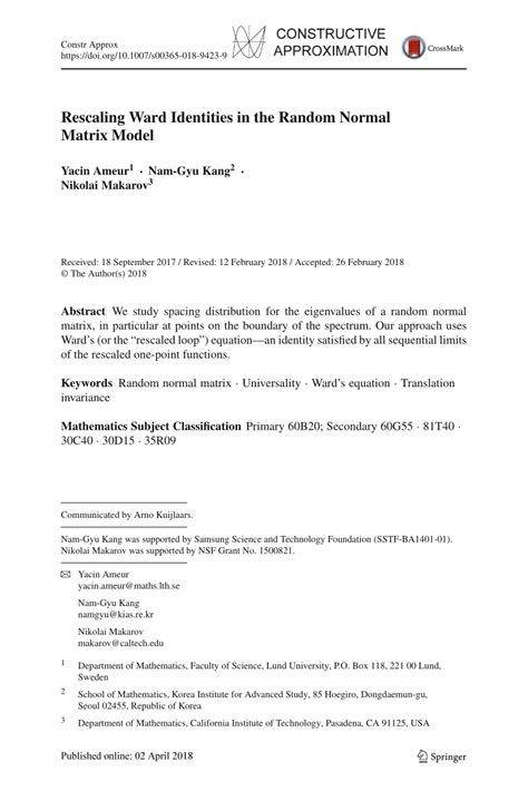 Pdf Rescaling Ward Identities In The Random Normal Matrix Model