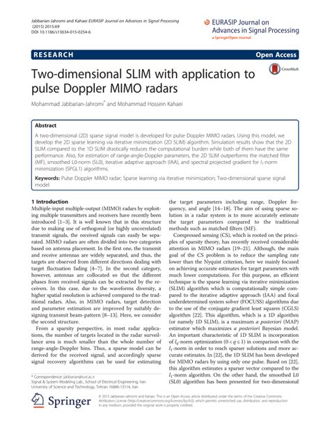 Pdf Two Dimensional Slim With Application To Pulse Doppler Mimo Radars