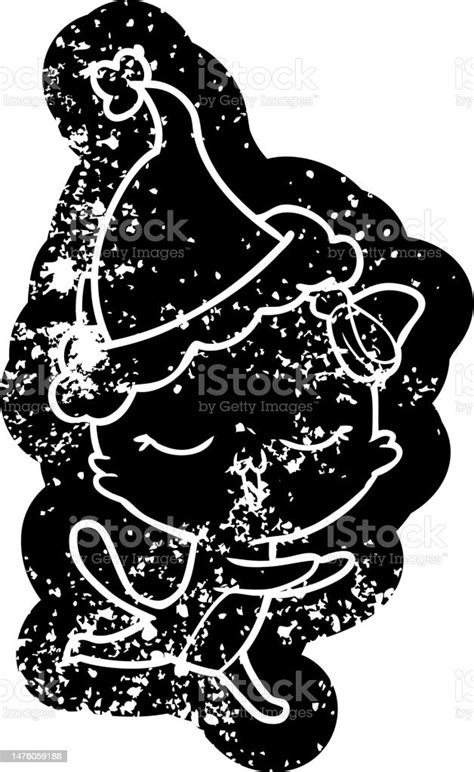 산타 모자를 쓰고 머리에 활을 가진 고양이의 기발한 만화 고민 아이콘 고양이 새끼에 대한 스톡 벡터 아트 및 기타 이미지 고양이 새끼 귀여운 그런지 이미지 기법