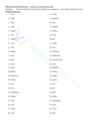 Acid Naming Worksheets