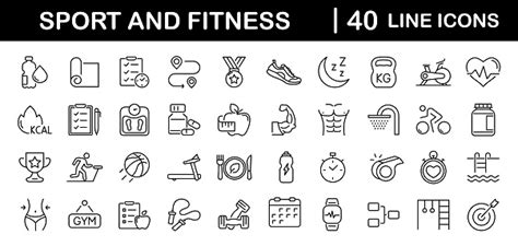 라인 스타일의 웹 아이콘의 스포츠 및 피트니스 세트 체육관 및 건강 관리 건강 한 라이프 스타일 아이콘입니다 영양 및 다이어트