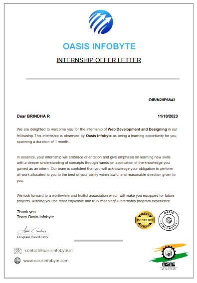 Brindha Raja On Linkedin Webdevelopment Internship Oasisinfobyte Codingadventure