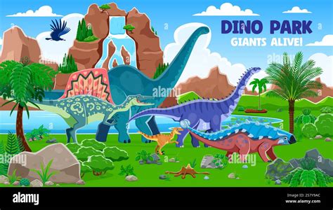 Dino Park Landscape With Prehistoric Dinosaurs Vector Jurassic Era Adventure Park With Dinosaur