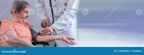 Doctor Checking Blood Pressure Panoramic Banner Stock Image Image Of