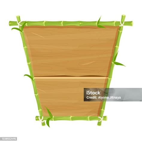 빈 나무 판자 녹색 대나무 프레임 흰색 배경에 고립 만화 스타일의 간판 아시아 부족 장식 이국적인 요소 벡터 일러스트레이션 0명에 대한 스톡 벡터 아트 및 기타 이미지