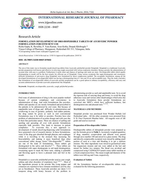 Pdf Formulation Development Of Oro Dispersible Tablets Of Ayurvedic Powder Formulation For