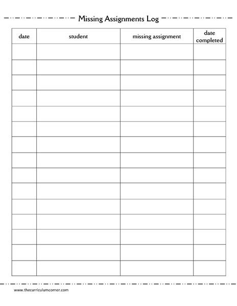 Missing Assignments Log Printables For Kindergarten 6th Grade Lesson Planet