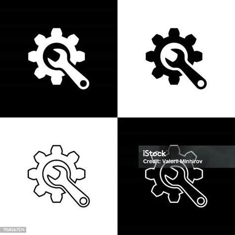 흑백 배경에 렌치와 기어 아이콘을 격리된 설정합니다 조정 서비스 설정 유지 보수 수리 고정 벡터 일러스트레이션 건설 산업에 대한 스톡 벡터 아트 및 기타 이미지 Istock