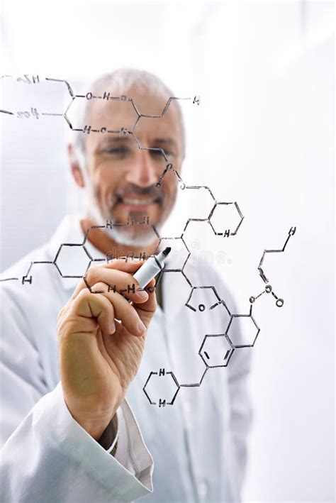 Man Writing And Science By Glass Wall For Formula Chemistry Or