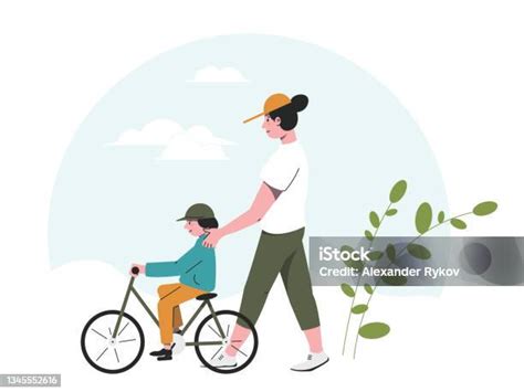 엄마와 아이가 자전거를 타면서 공원에서 걷고 있습니다 신선한 공기에 아이들과 함께 레저 현장 부모는 아이와 함께 걷고있다 6 7 살에 대한 스톡 벡터 아트 및 기타 이미지