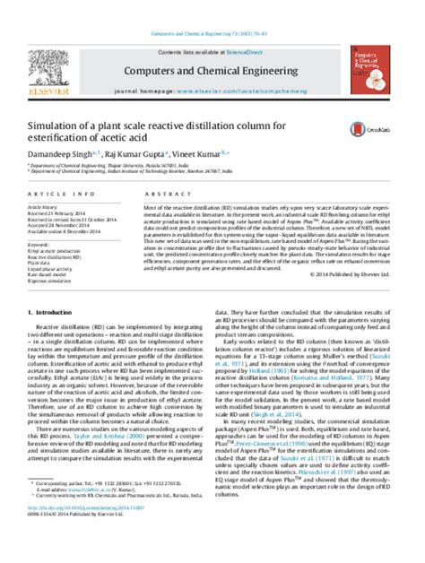 Pdf Simulation Of A Plant Scale Reactive Distillation Column For Esterification Of Acetic Acid
