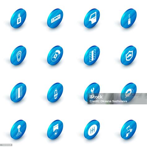 자동차 오디오 도어 스크루드라이버 타이밍 벨트 키트 타이어 휠 캘리퍼 쉴드 및 아이콘이 있는 브레이크 디스크를 설정합니다 벡터