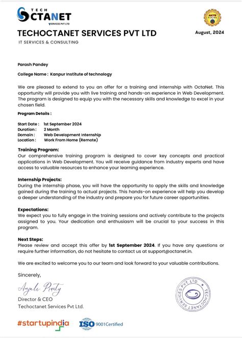 parash pandey on linkedin techoctanet octanet startupindia webdevelopmentintern aicte