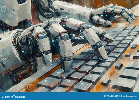 robot typing on keyboard with hands watercolour illustration stock