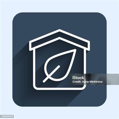 화이트 라인 친환경 집 아이콘은 긴 그림자 배경으로 분리되어 있습니다 나뭇잎이 있는 에코 하우스 파란색 사각형 버튼입니다 벡터 0명에 대한 스톡 벡터 아트 및 기타 이미지