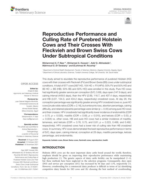 Pdf Reproductive Performance And Culling Rate Of Purebred Holstein Cows And Their Crosses With
