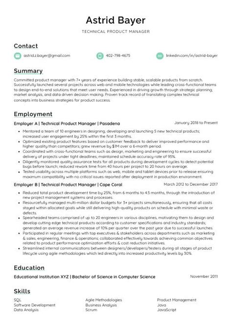 Technical Product Manager Resume CV Example And Writing Guide