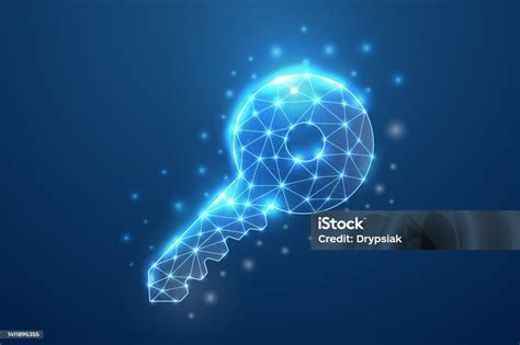 파란색 로우 폴리 스타일로 연결된 점이있는 3d 키 기호 보안 비밀 개인 디자인 컨셉 일러스트레이션 파란색 배경에 키 다각형 3차원 형태에 대한 스톡 벡터 아트 및 기타