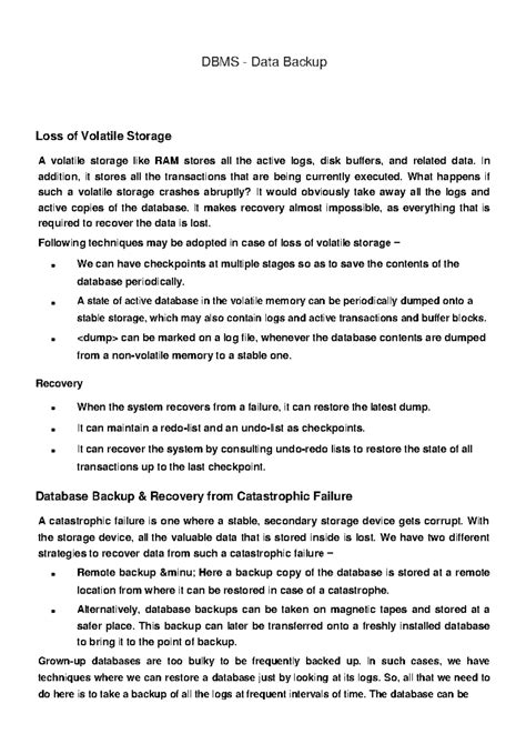 Dbms Data Backup Dbms Data Backup Loss Of Volatile Storage A Volatile Storage Like Ram